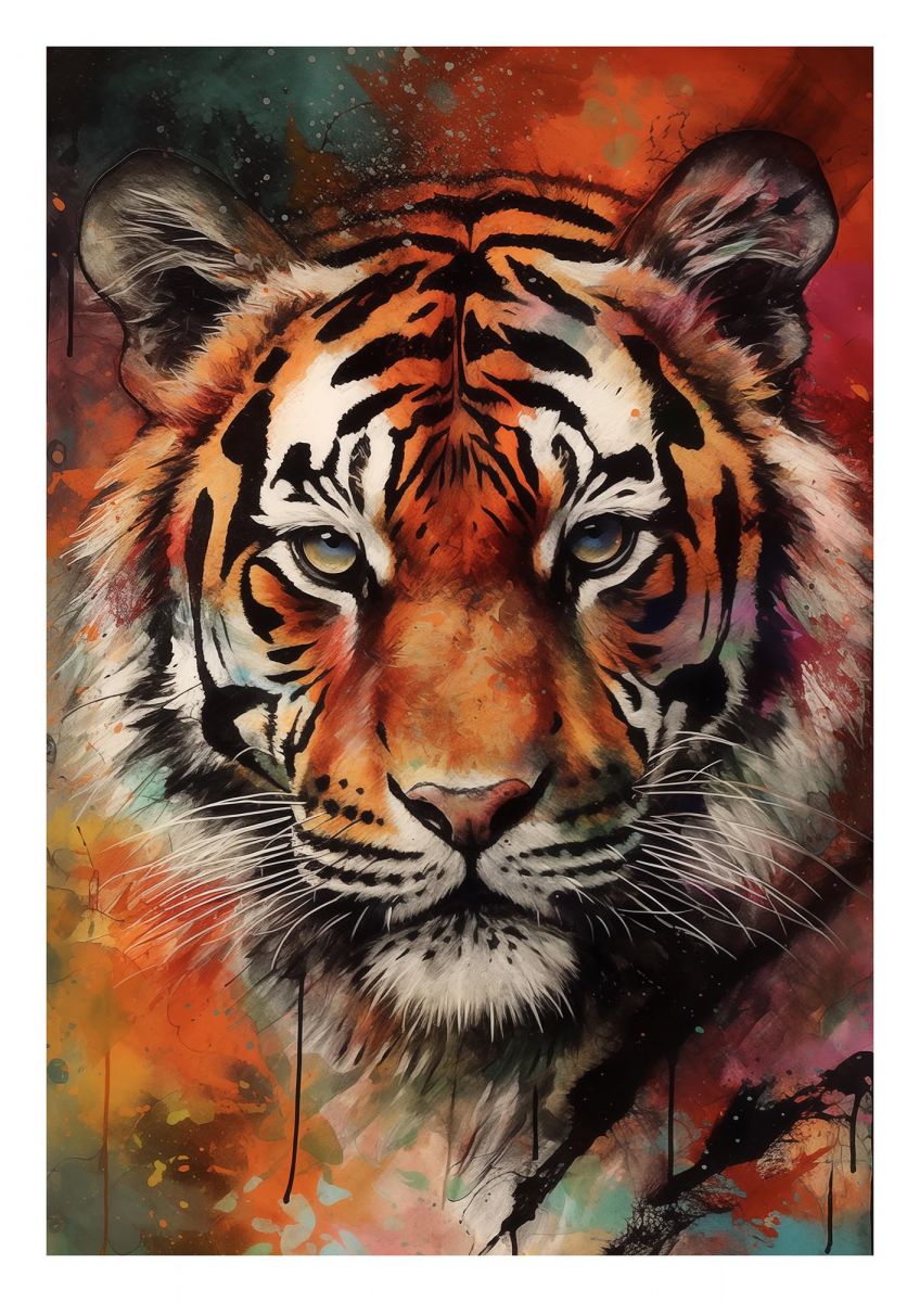 Tigers Fiery Gaze on Abstract Backdrop | Lithobee